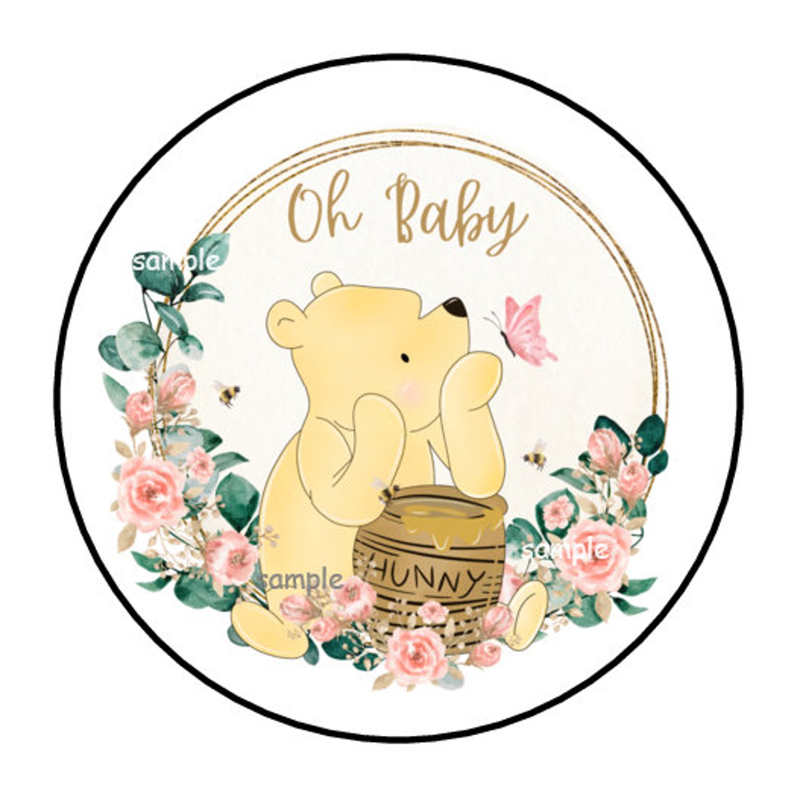 30 Classic Winnie the Pooh Baby Shower Stickers, Oh Baby, Pink Floral ...