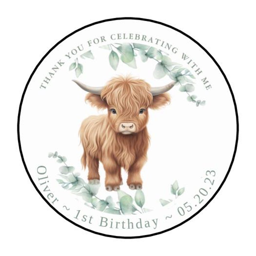 Baby Highland Cow Birthday Party Stickers, Eucalyptus, Personalized ...