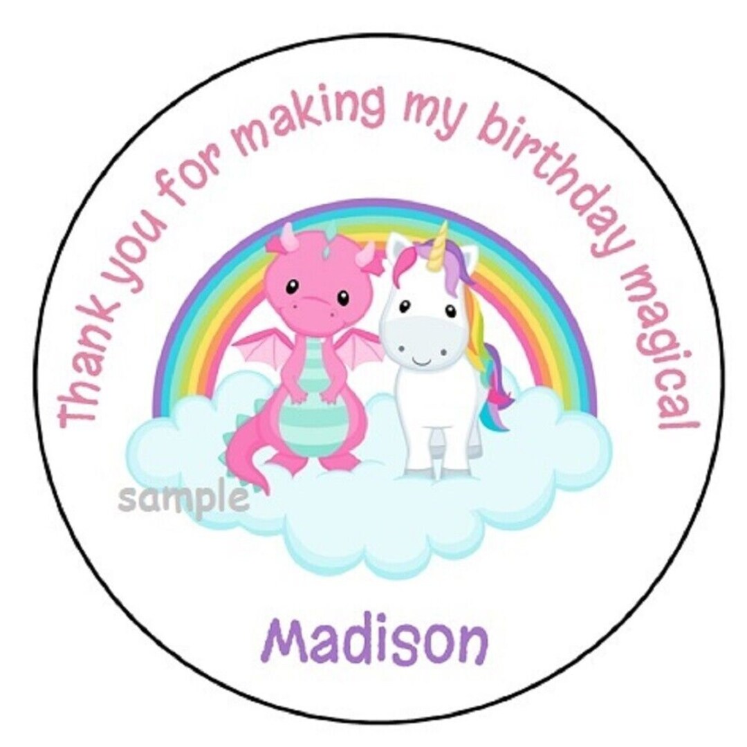 12 Personalized Unicorn and Dragon Birthday Party Favor Stickers ...