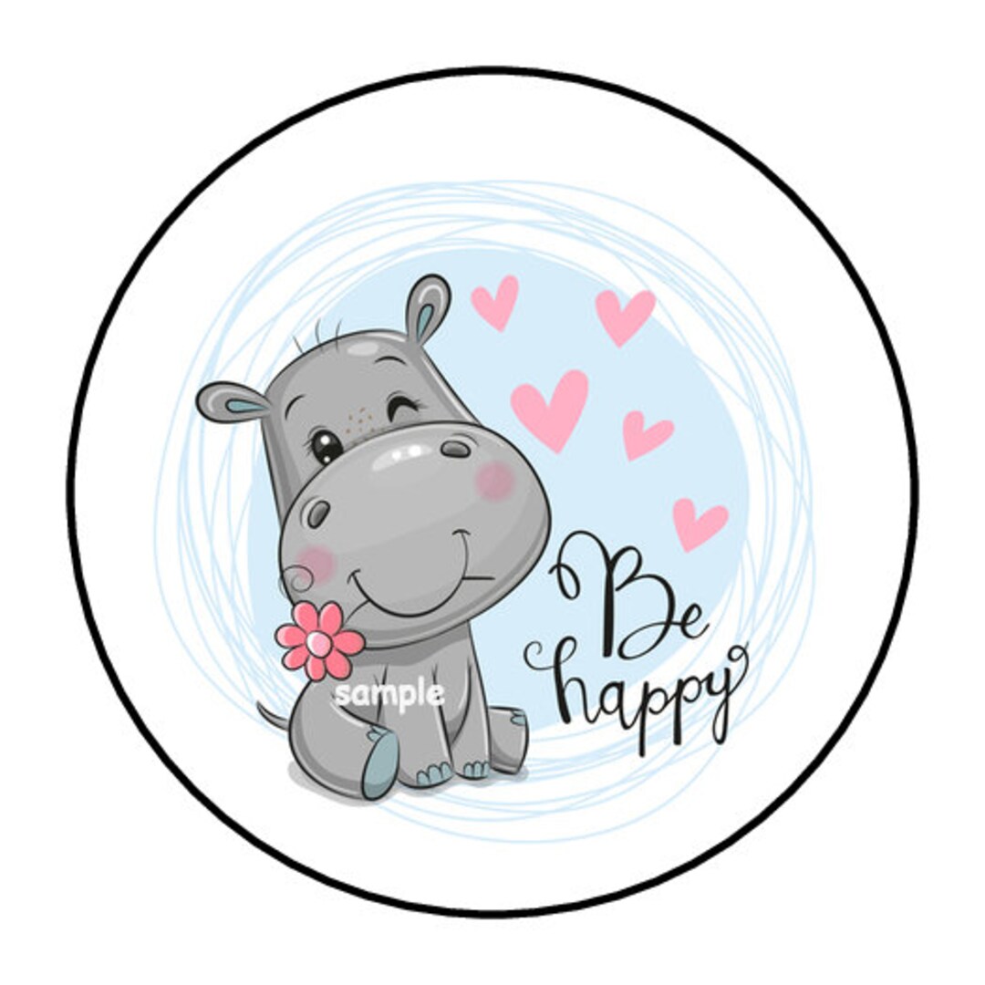 30 Be Happy Hippo Stickers, Envelope Seals, Tags, Favors, Labels ...