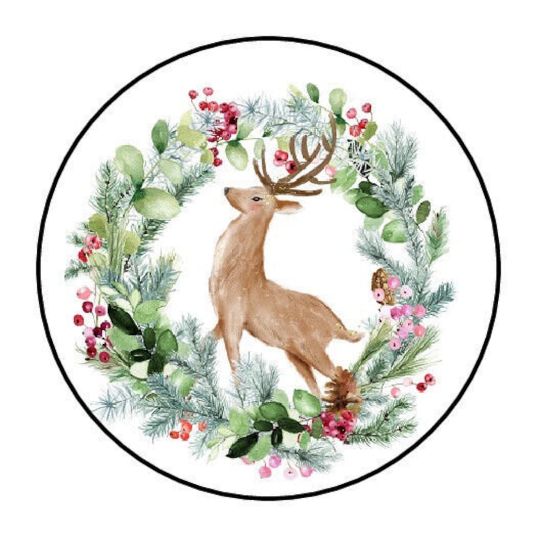 30 Christmas Envelope Seals Labels Stickers 1.5" Round Reindeer Wreath ...