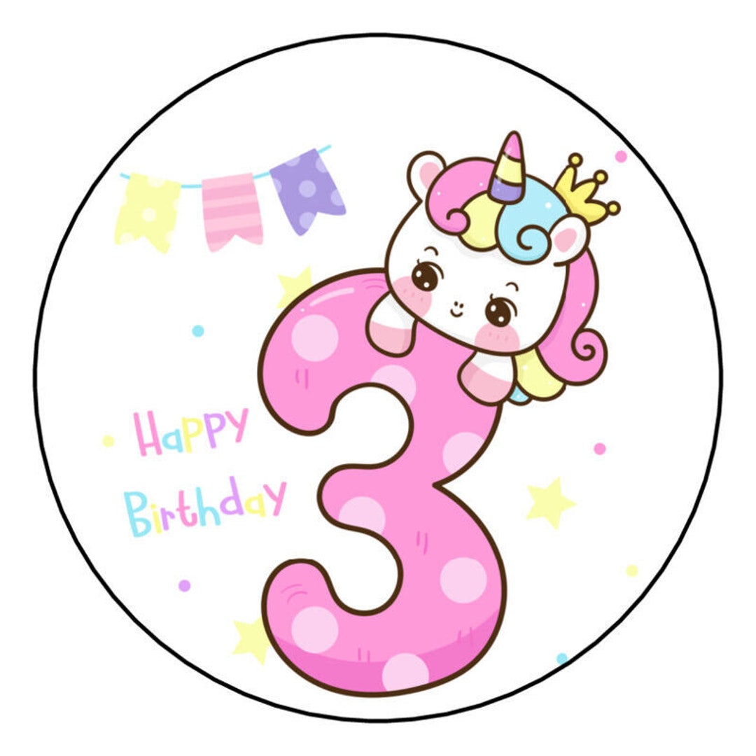 12 Unicorn 3rd Birthday Stickers, Party Favors Labels Tags 2.5" Third ...