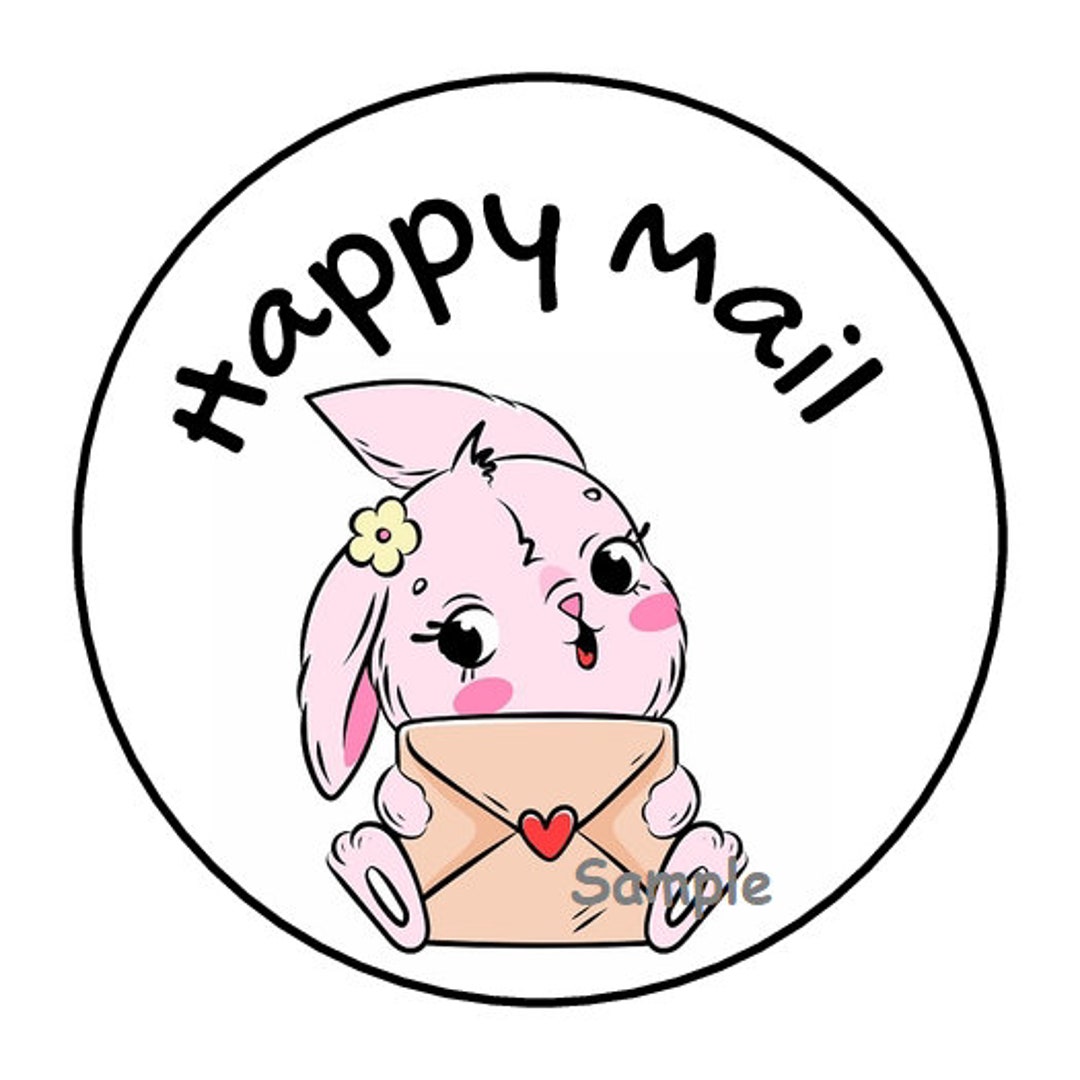 30 Happy Mail Envelope Seals Labels Stickers 1.5" Round Cute Bunny Love ...