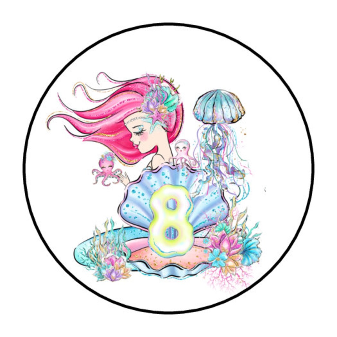 30 Mermaid 8th Birthday Envelope Seals Labels Stickers 1.5" Round Ocean ...