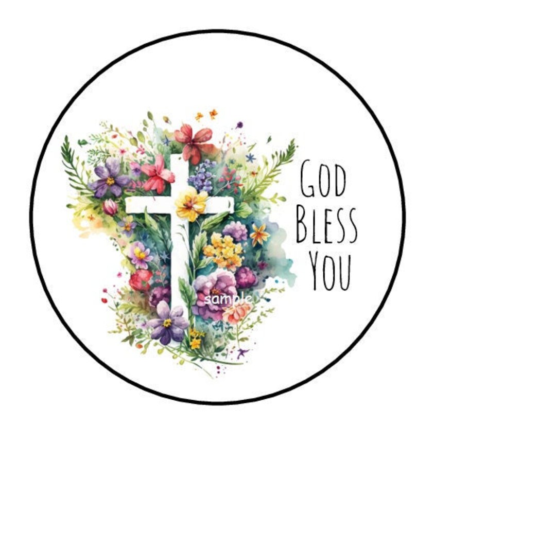 30 Floral God Bless You Stickers Labels Tags Envelope Seals Flowers Cross 1.5" Round Stickers ...