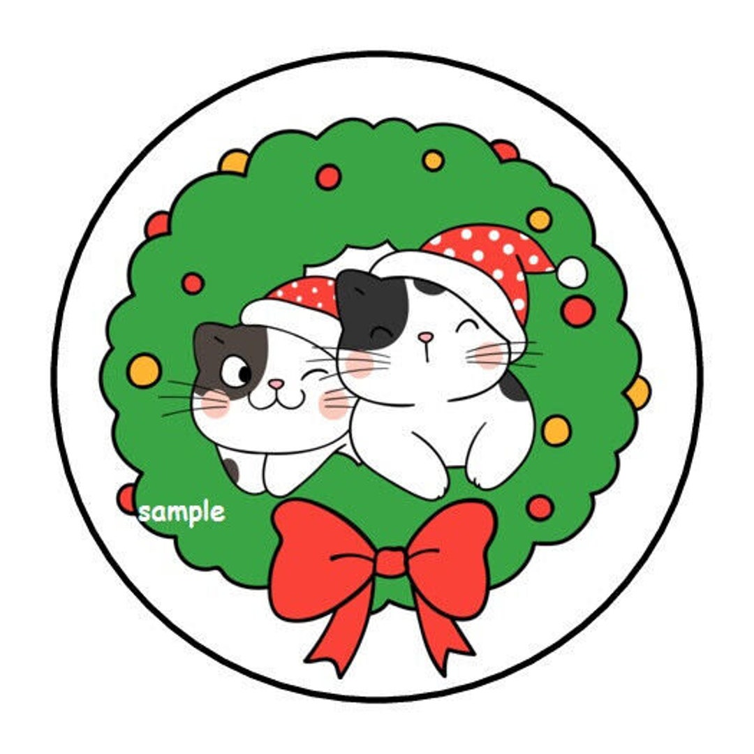 30 Christmas Envelope Seals Labels Stickers 1.5" Round Cats in Wreath ...