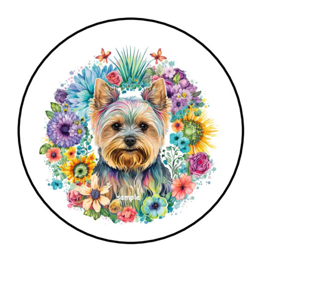 30 Floral Yorkie Puppy Stickers Favor Labels Tags Envelope Seals Stamps ...