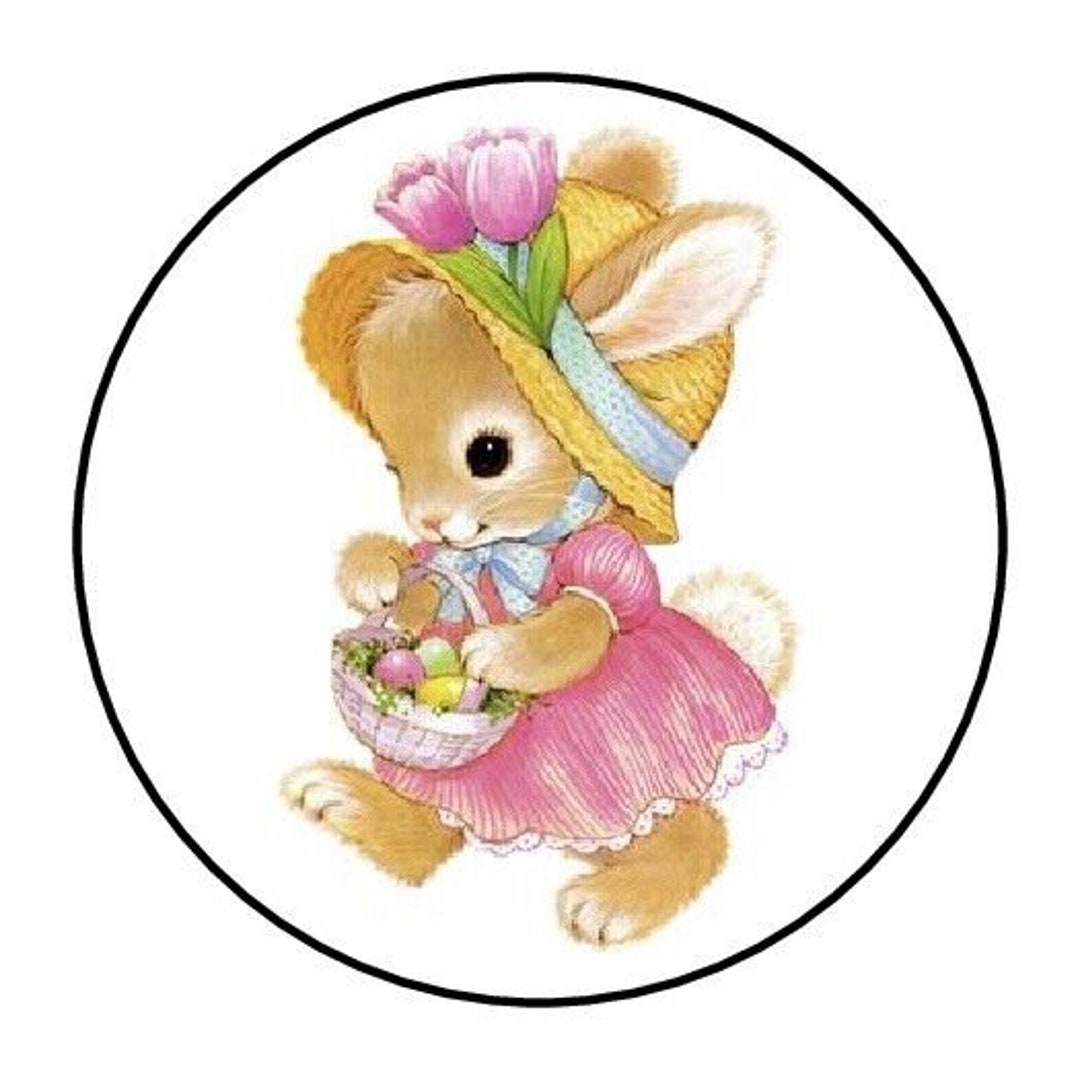 30 Cute Easter Bunny Envelope Seals Labels Stickers 1.5" Round Basket ...