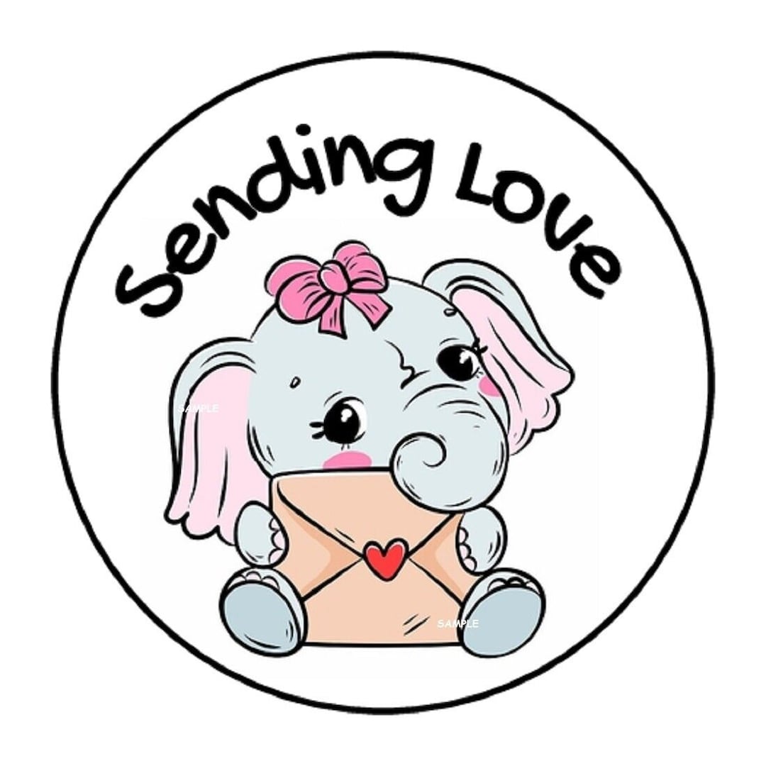 30 Sending Love Stickers Envelope Seals Labels 1.5" Round Cute Elephant ...