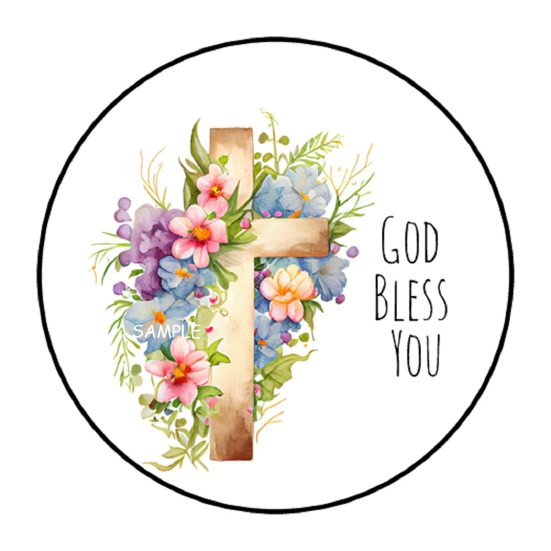 30 Floral God Bless You Stickers Labels Tags Envelope Seals Flowers Cross 1.5" Round Stickers ...