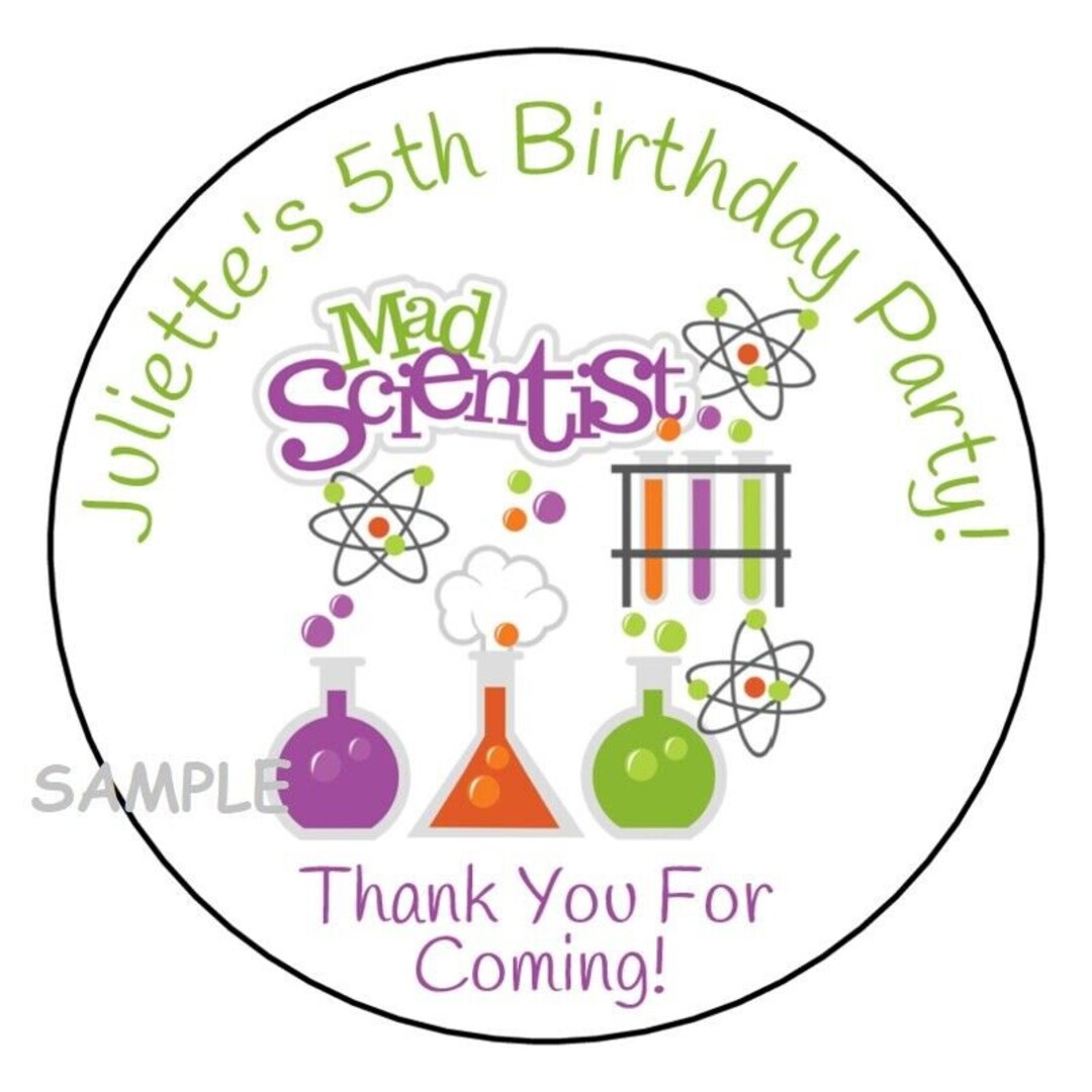 12 Personalized Science Birthday Stickers, Favor Stickers, Labels, Tags ...