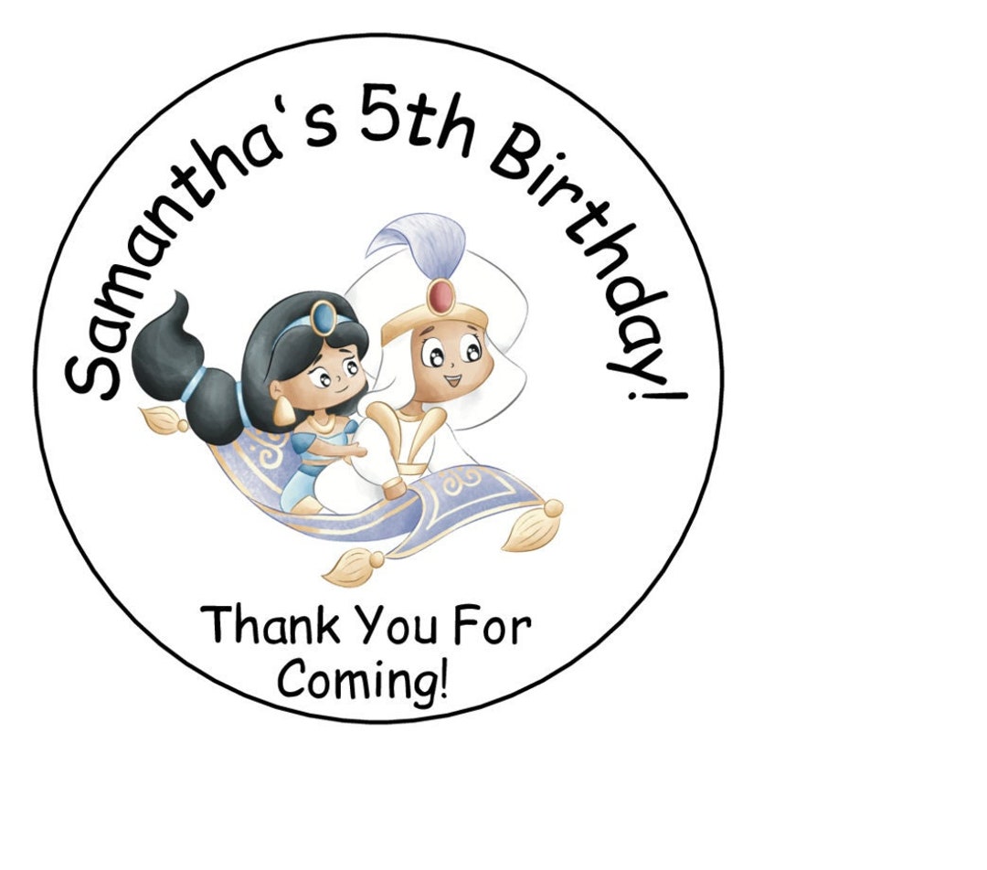 12 Personalized Aladdin Birthday Party Favor Stickers, Goody Favor Box ...