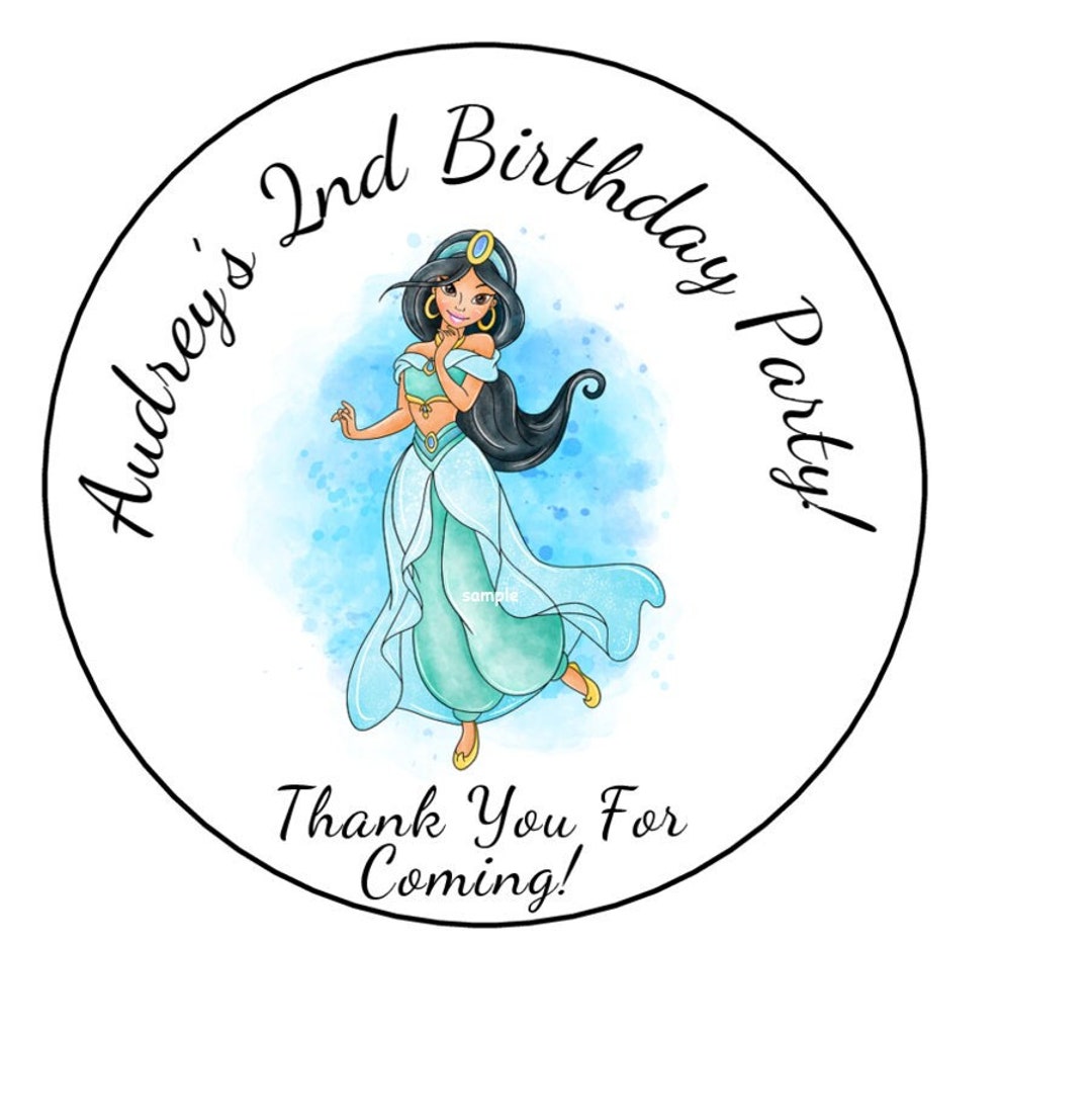 12 Personalized Jasmine Birthday Party Stickers, Aladdin, Favor Labels ...