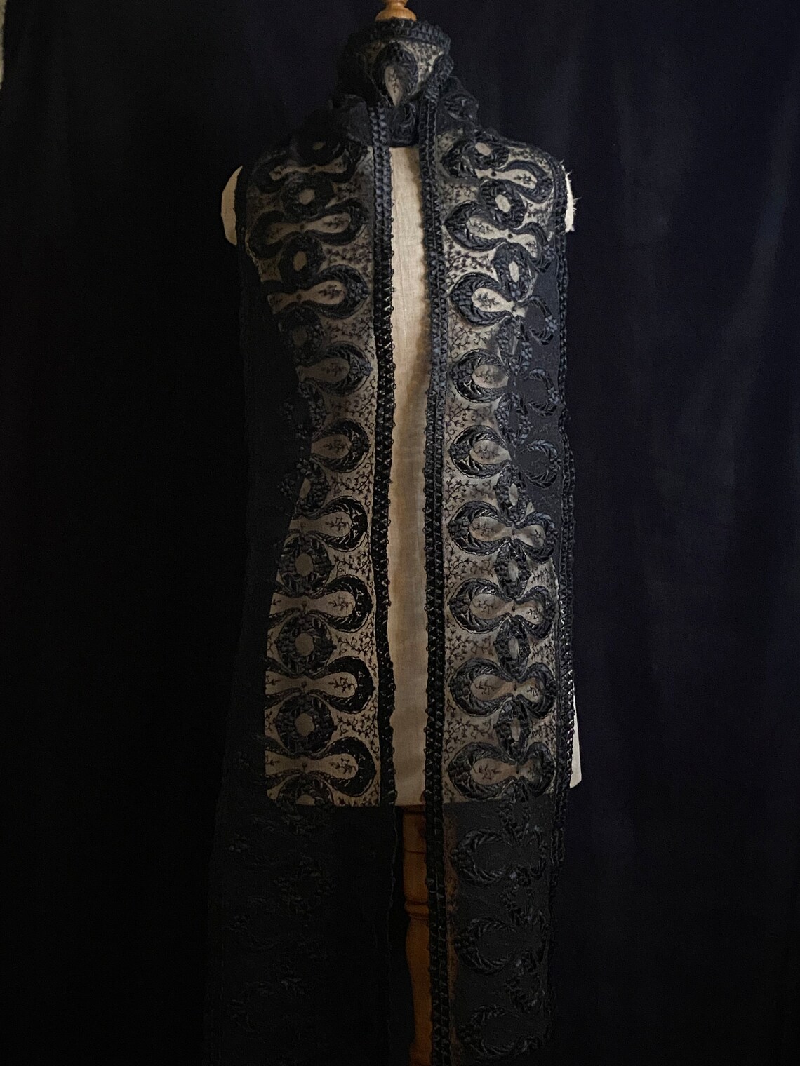 Victorian Tulle Scarf With Embroidery. Antique Black Embroidered Tulle ...
