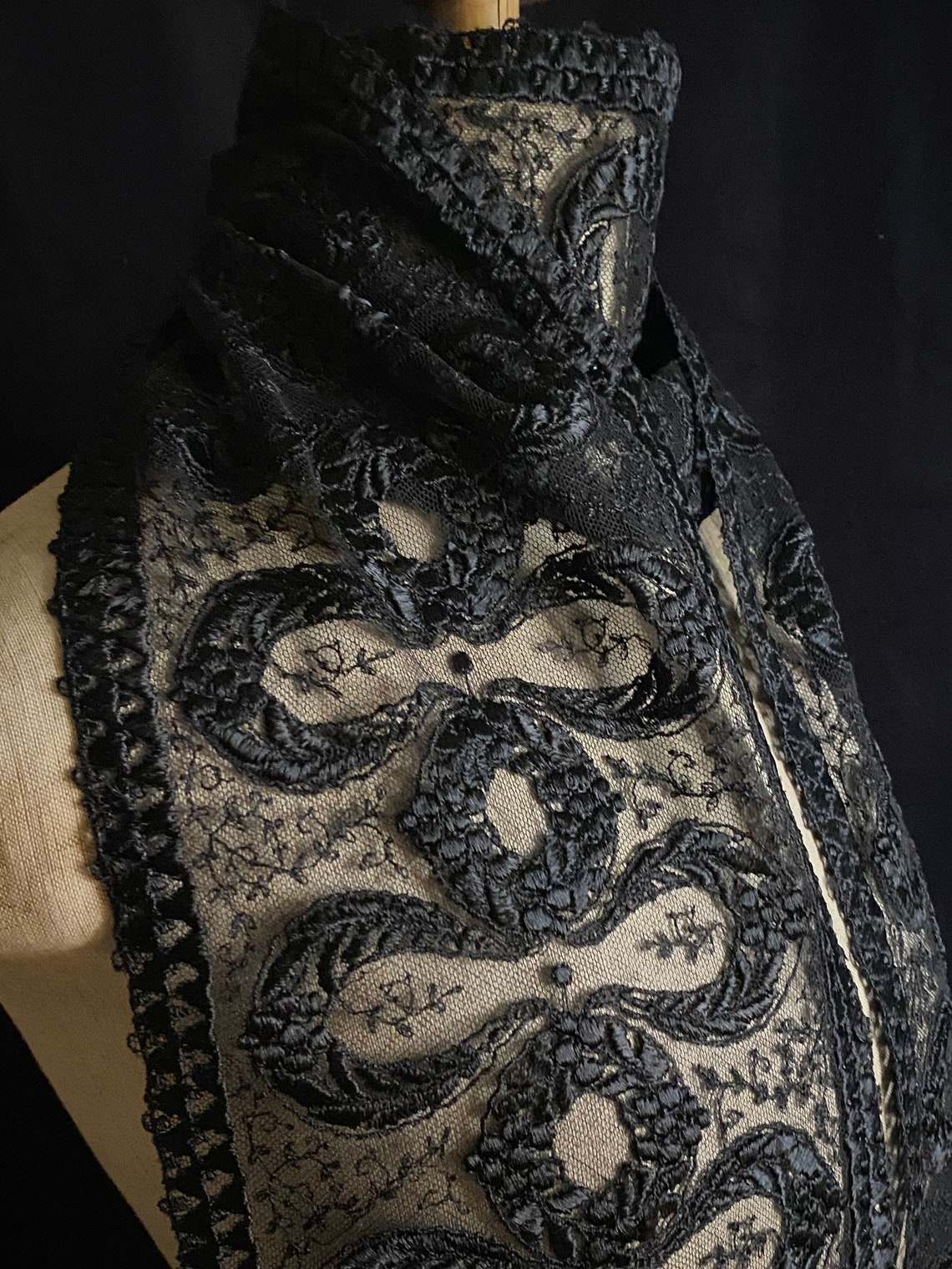 Victorian Tulle Scarf With Embroidery. Antique Black Embroidered Tulle ...