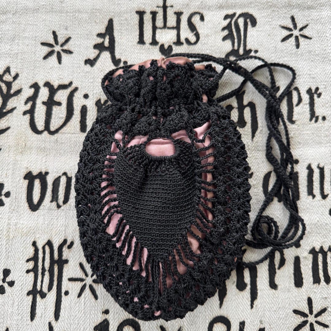 Victorian Hand Crochet Bag With A Pink Lining and Drawstring Handles ...