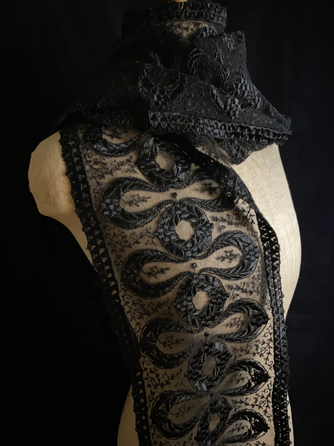 Victorian Tulle Scarf With Embroidery. Antique Black Embroidered Tulle ...