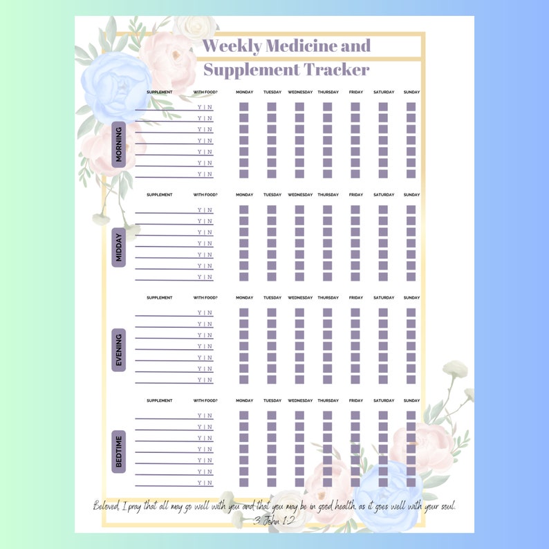 Weekly Medicine and Supplement Tracker | Daily Pill and Vitamin Log ...