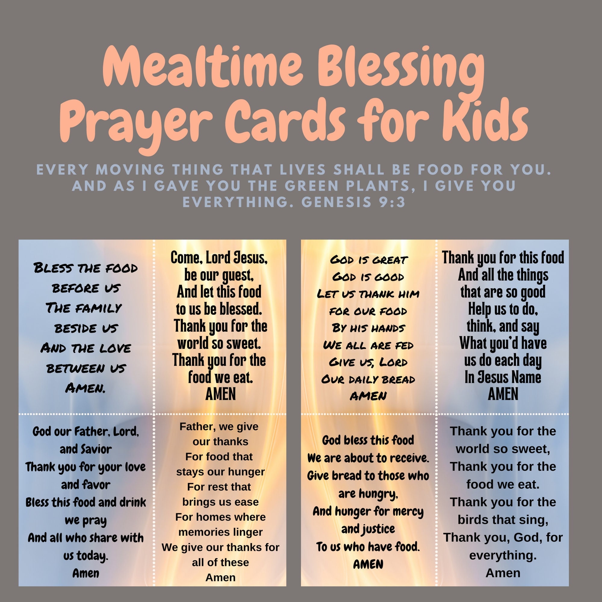 Mealtime Blessing Prayer Cards for Kids | Simple Grace and Prayers for ...