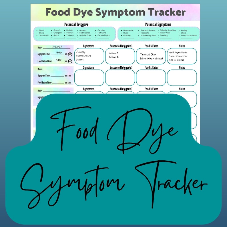 Food Dye Symptom Tracker Printable Food Allergy Log Common Triggers and ...