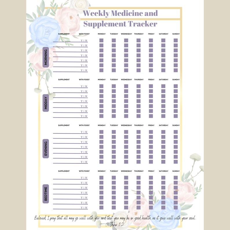 Weekly Medicine and Supplement Tracker | Daily Pill and Vitamin Log ...