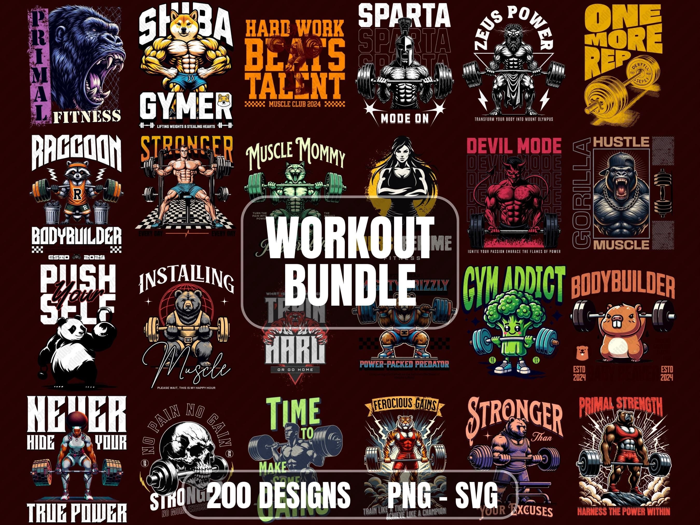 200 Unique Workout Streetwear Designs | PNG & SVG Bundle | Fitness Gym ...