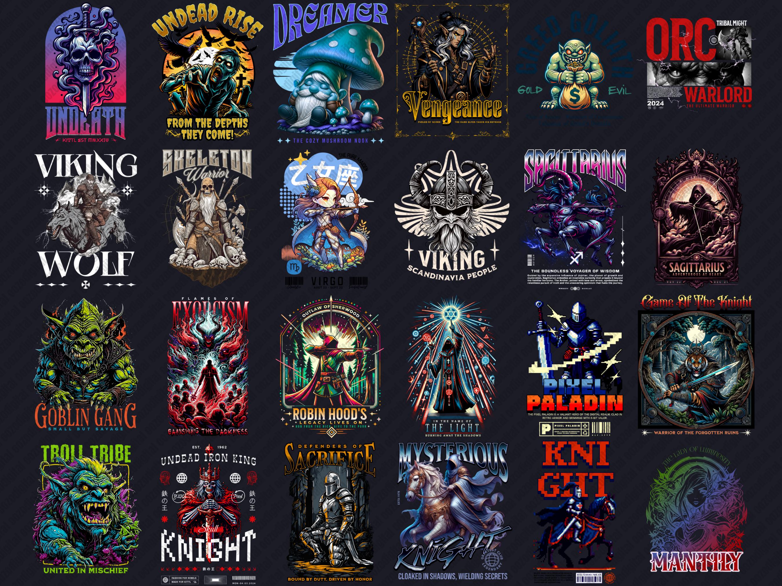 200 Fantasy Streetwear Design Bundle Warriors, Wizards, Knights and ...