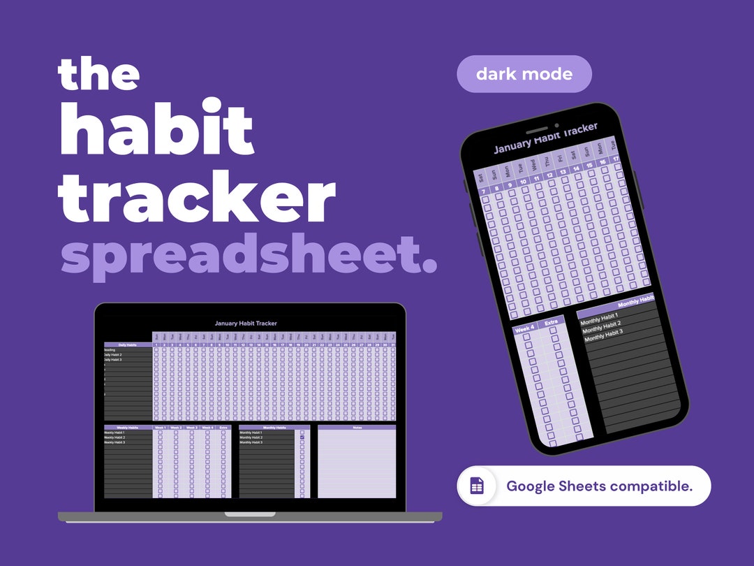 Habit Tracker PURPLE DARK Mode for Google Sheets - Etsy