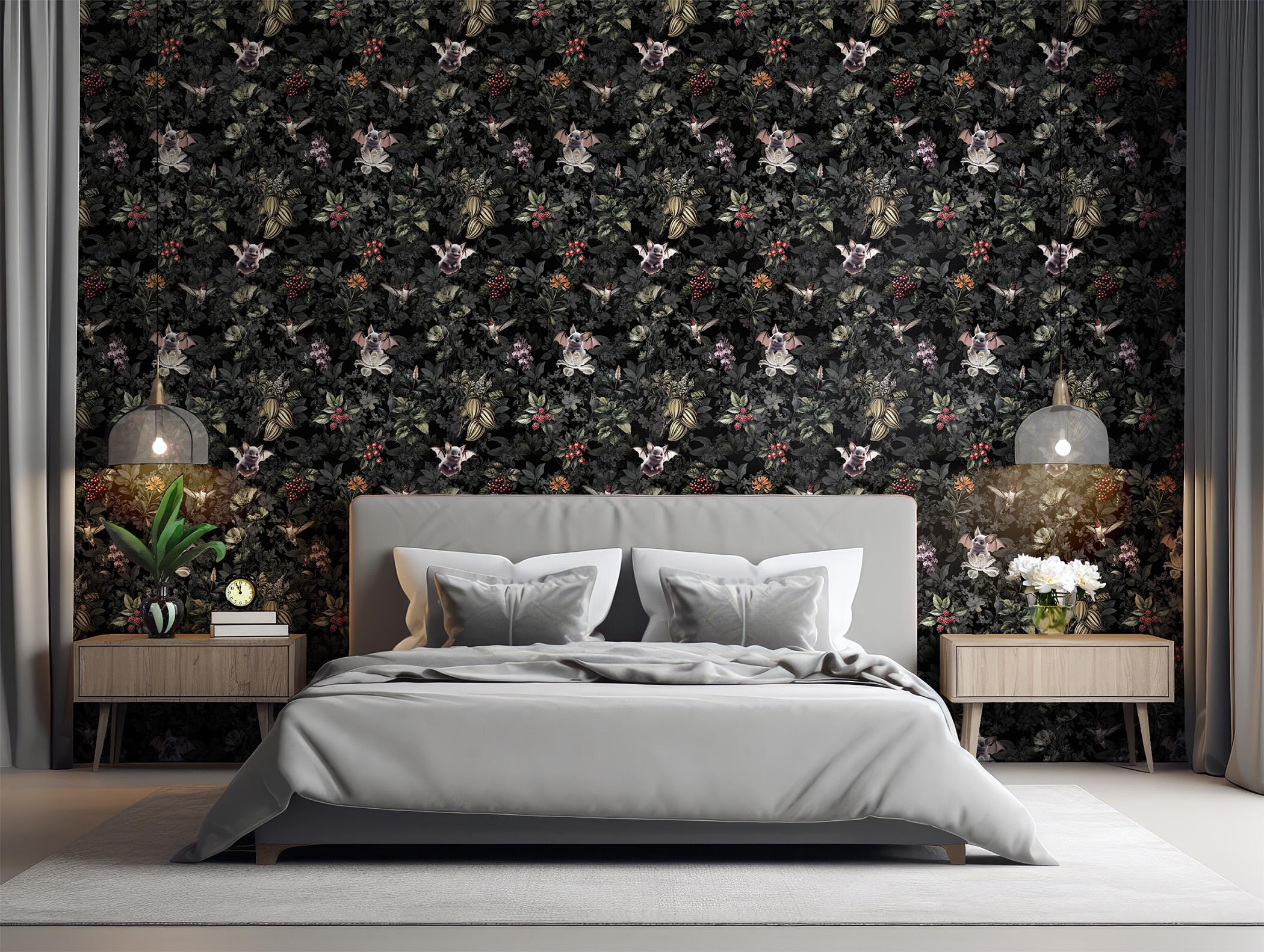 Dark Wallpaper With Cute Bats, Berries and Hummingbirds in a Secret ...