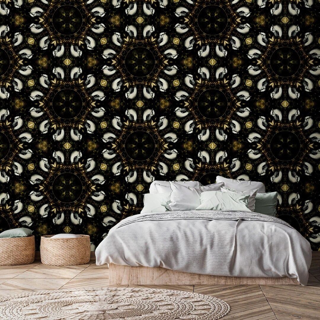 Dark Peel and Stick Wallpaper. Art Deco Gothic-inspired Wallpaper Birds ...