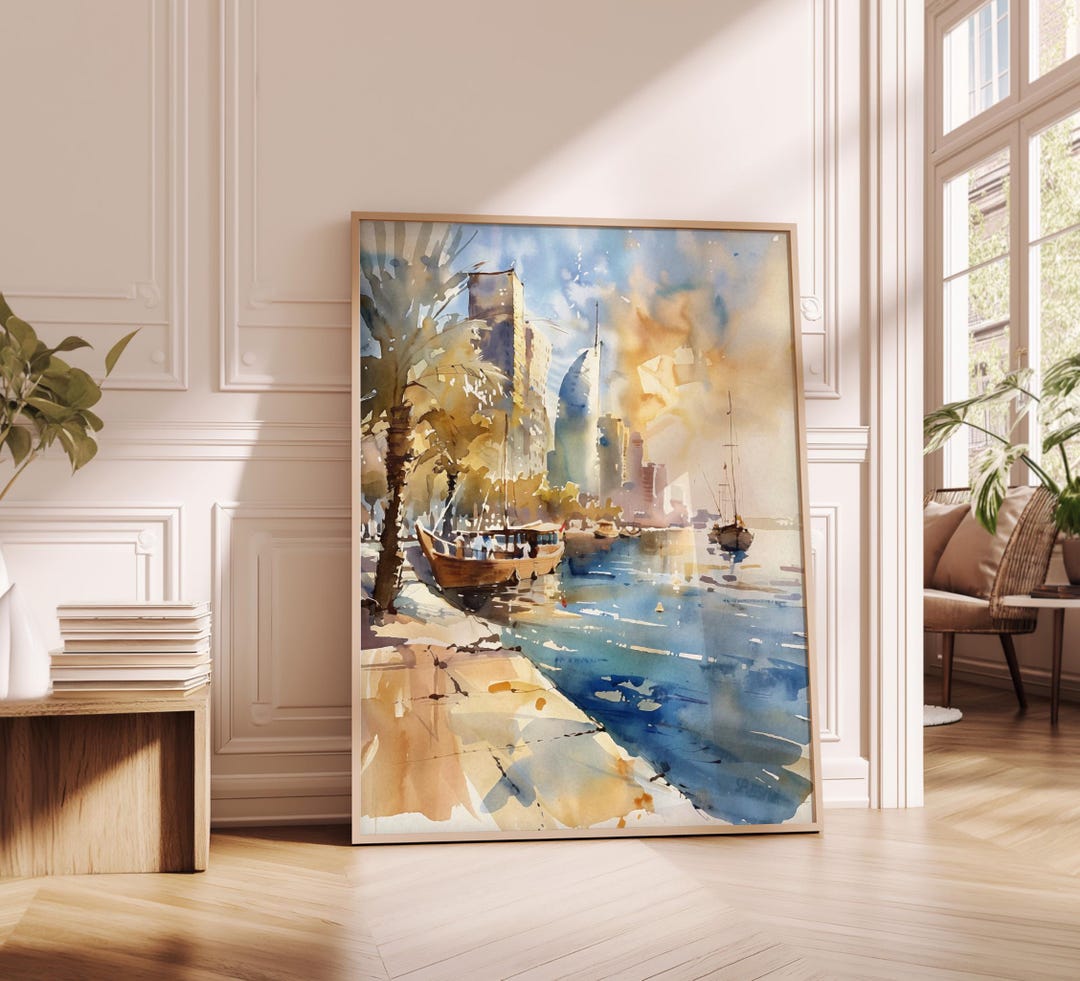 Doha Watercolor Travel Print, Qatar Art, Coastal City Wall Decor P511 ...