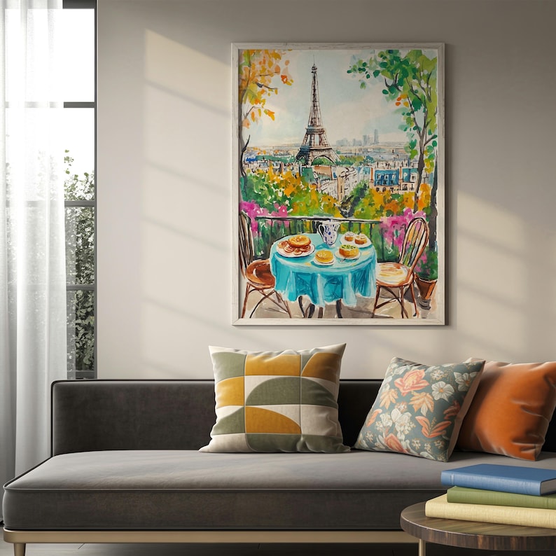 Paris Eiffel Tower Watercolor Art Print, Balcony Breakfast View Poster ...