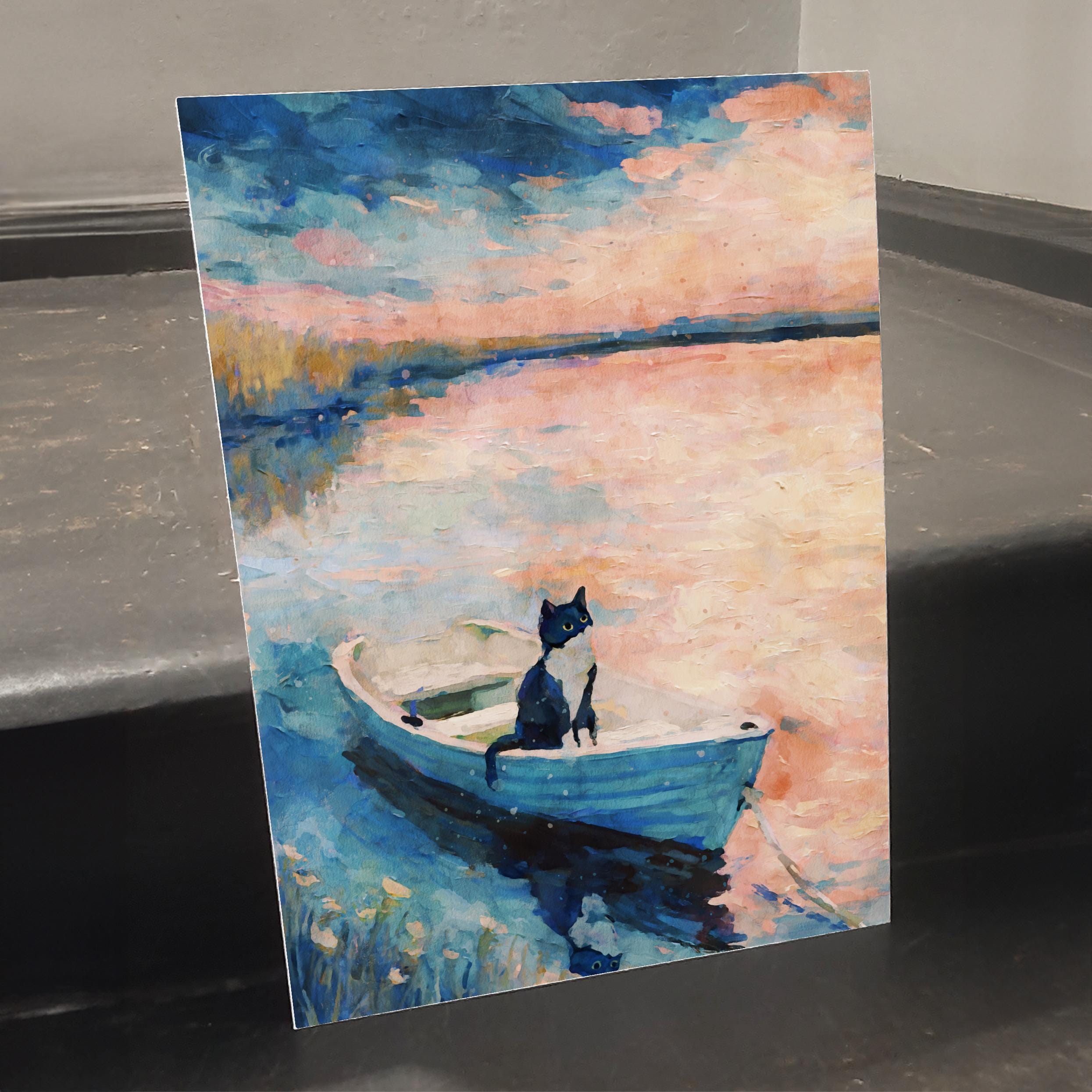 Whimsical Cat Boat Painting, Watercolor Sunset Lake Art Print, Cozy ...