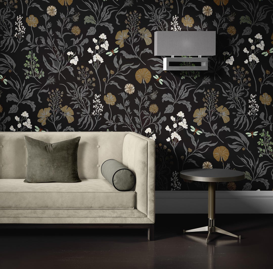 Dark Botanical Muted Tones Wallpaper Mural, Wildflowers and Fireflies ...