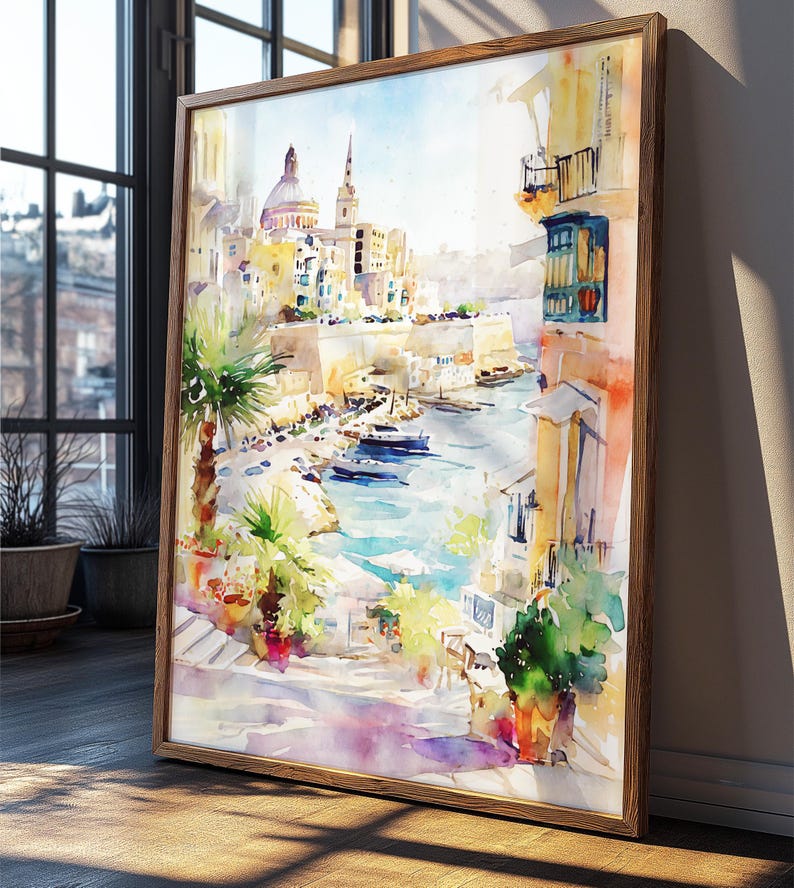 Malta Old Street to Harbor Travel Poster, Valletta Watercolor Art Print ...