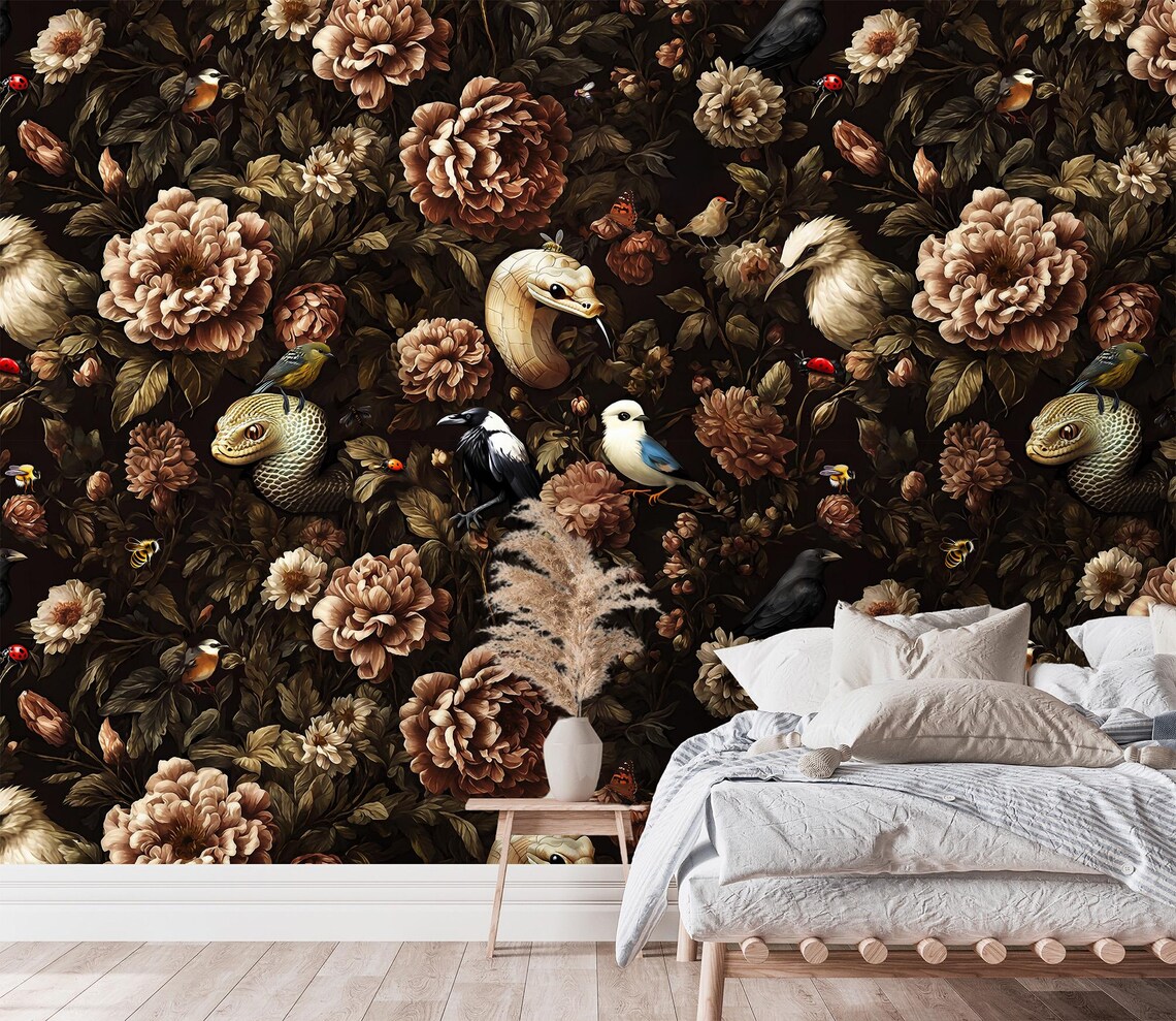 Gothic Secret Garden Wallpaper: Dark Floral, Birds, Snakes (peel and ...