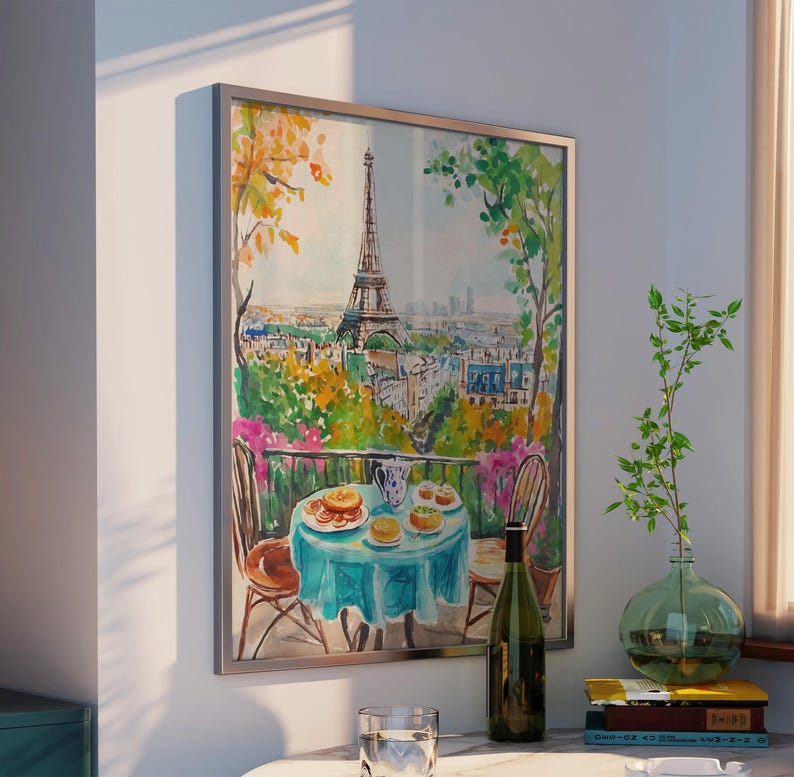 Paris Eiffel Tower Watercolor Art Print, Balcony Breakfast View Poster ...
