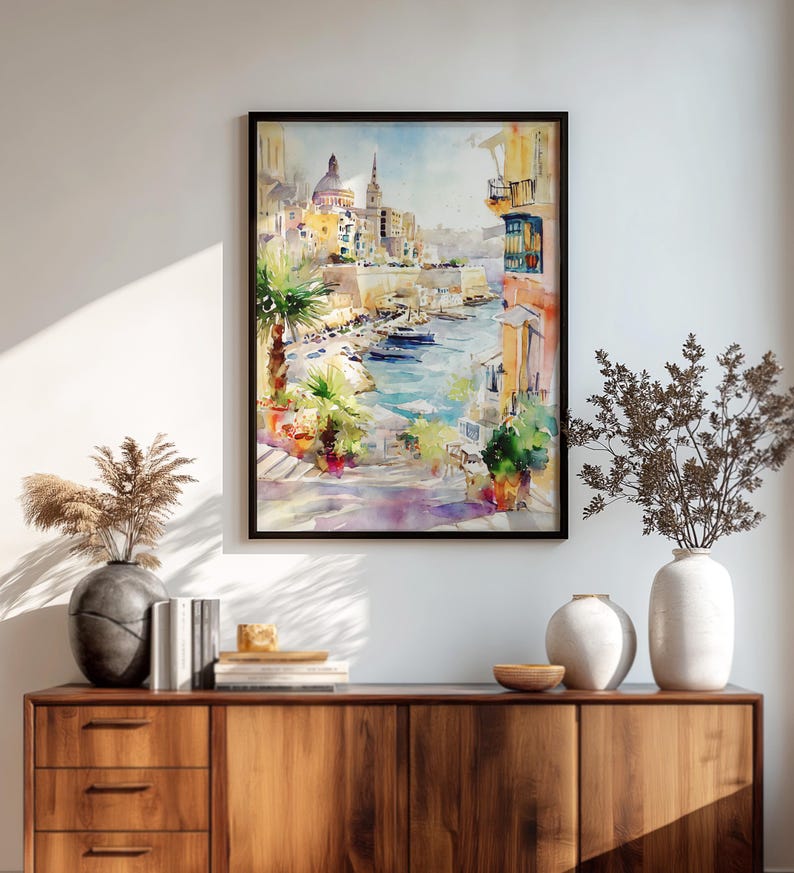 Malta Old Street to Harbor Travel Poster, Valletta Watercolor Art Print ...