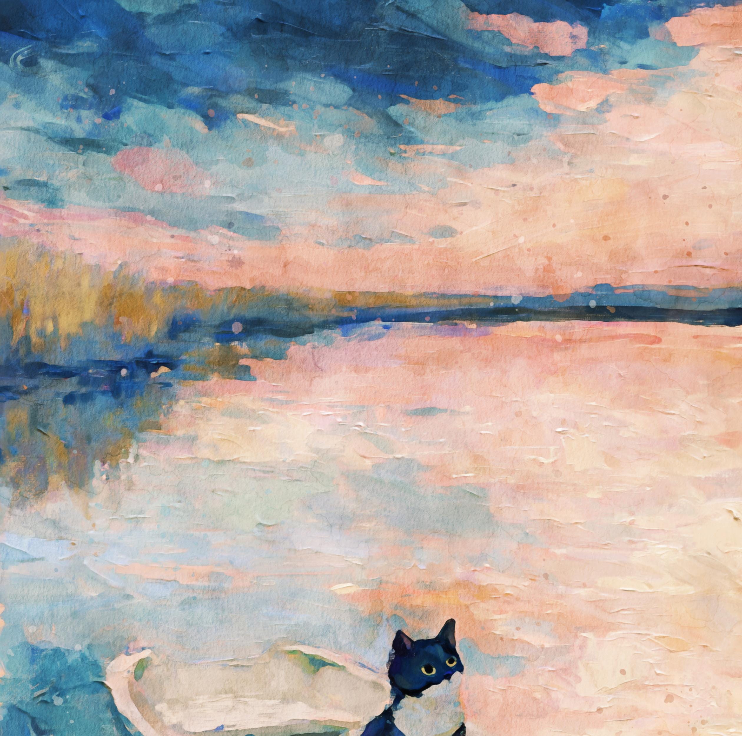 Whimsical Cat Boat Painting, Watercolor Sunset Lake Art Print, Cozy ...