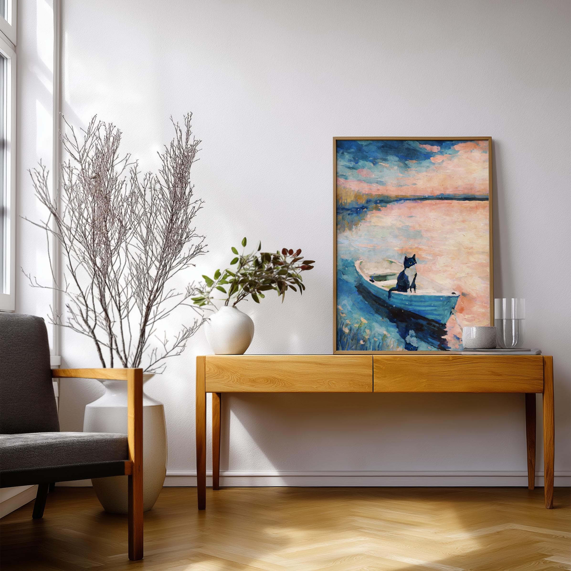 Whimsical Cat Boat Painting, Watercolor Sunset Lake Art Print, Cozy ...