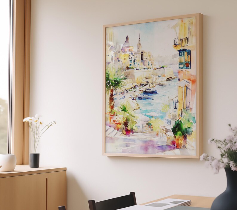 Malta Old Street to Harbor Travel Poster, Valletta Watercolor Art Print ...