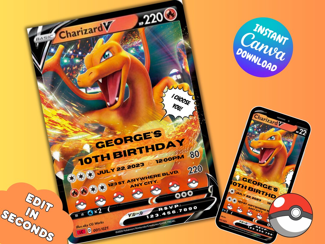 Pokemon Birthday Invitation Charizard Birthday Invite Pokemon ...