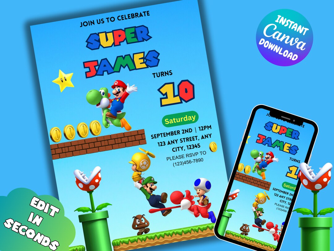 Super Mario Birthday Invitation Super Mario Kids Invite Mario Editable ...