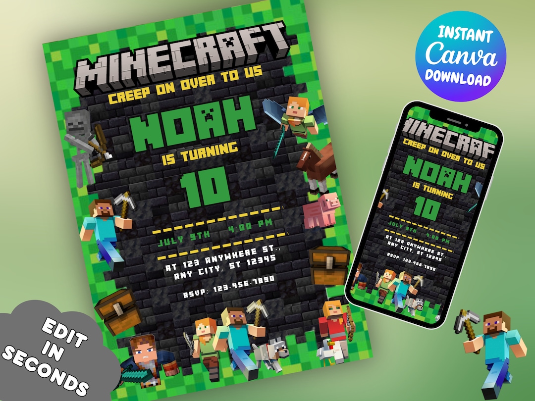 Invitación de cumpleaños de Minecraft / Invitación editable de ...