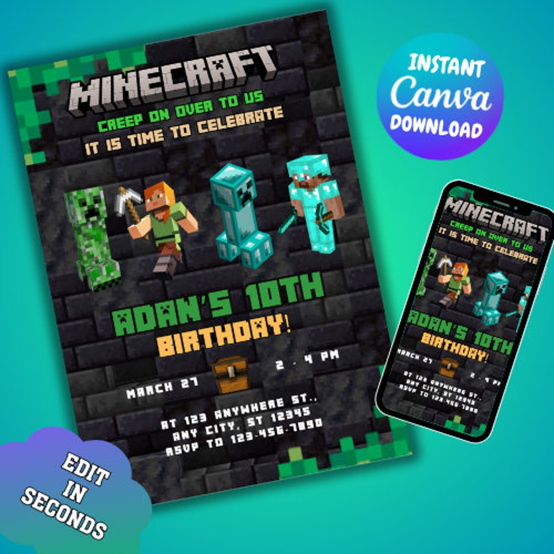 Minecraft Birthday Invitation Editable Minecraft Invitation Minecrafter ...