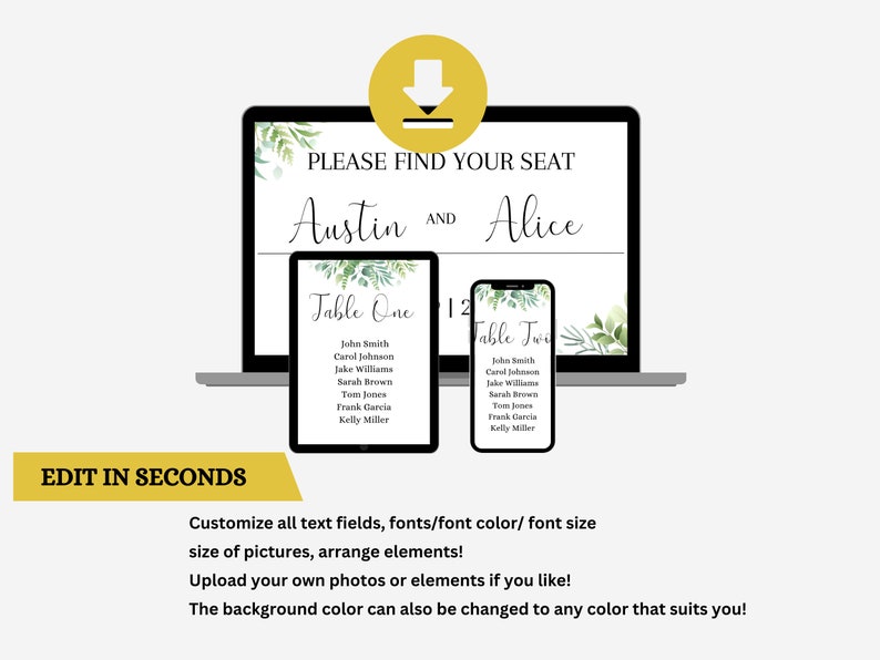 Seating Chart Template | Greenery Printable Seating Plan | Wedding ...