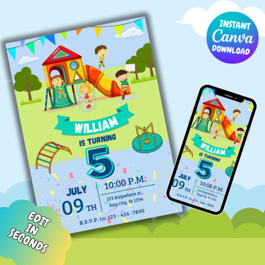 Park Playground Birthday Invitation| Girls and Boys | Play Jump, Climb ...