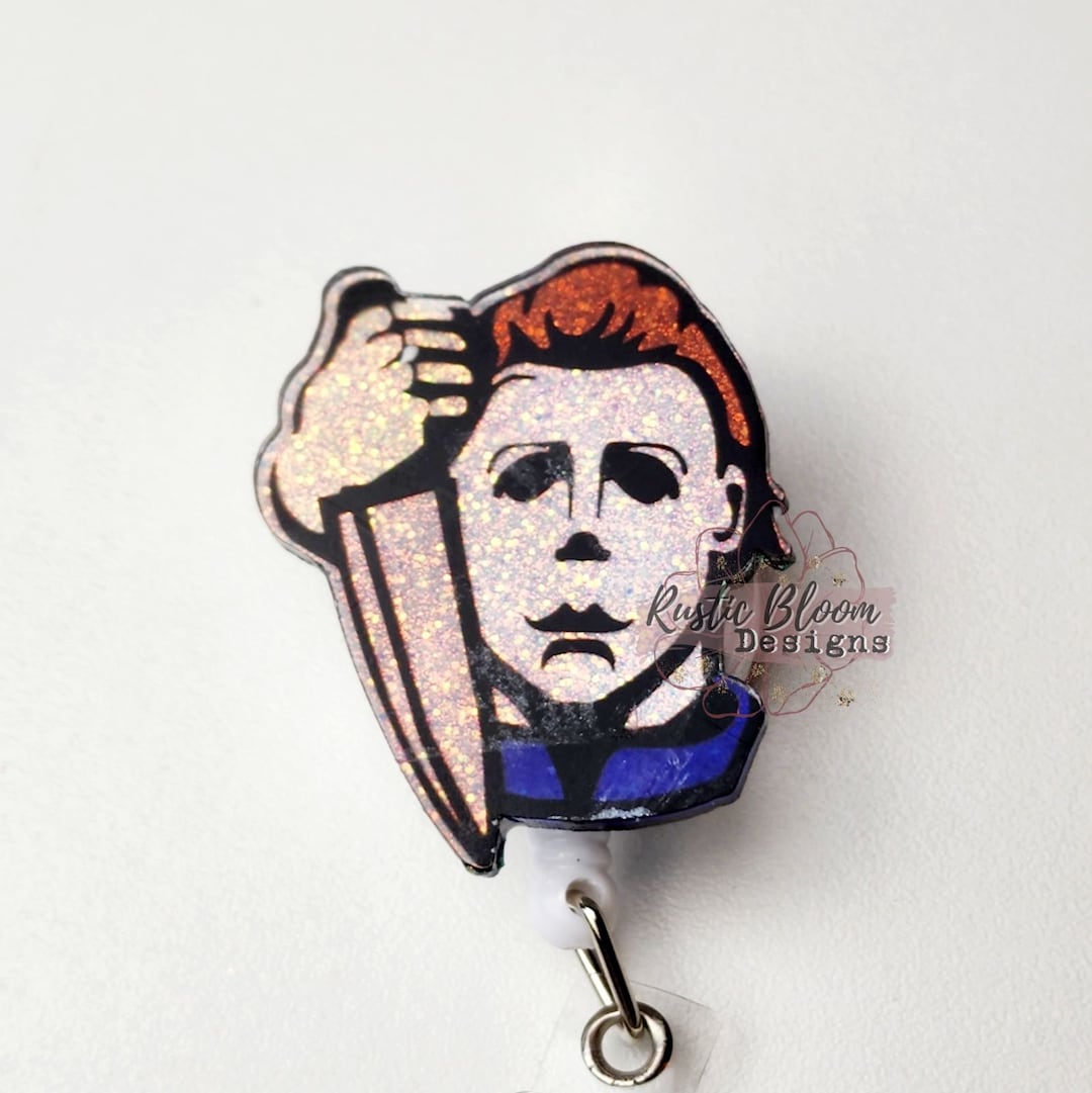 Michael Myers Glitter Badge Reel Halloween Interchangeable Name Tag ...