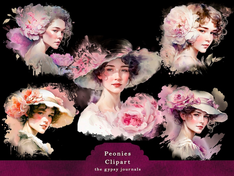 Watercolor Peony PNG, Vintage Peonies Ladies Clipart, Cottagecore ...