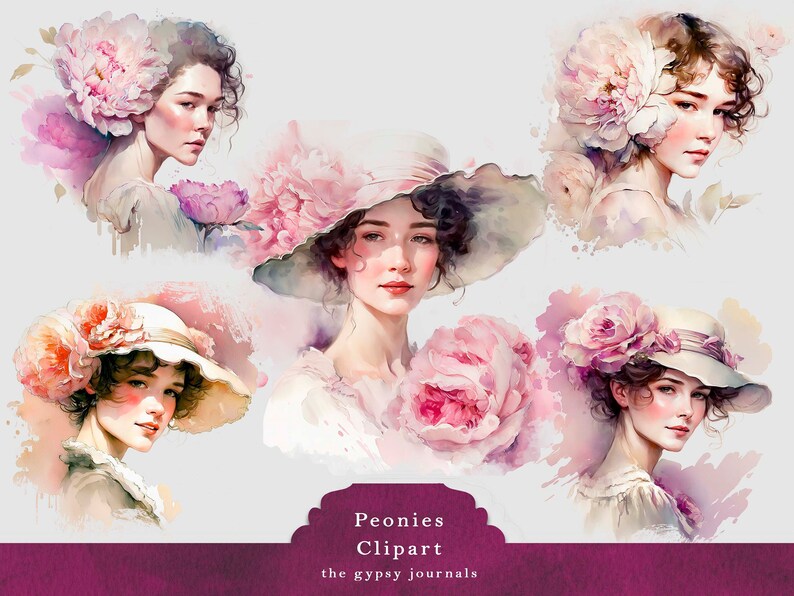 Watercolor Peony PNG, Vintage Peonies Ladies Clipart, Cottagecore ...